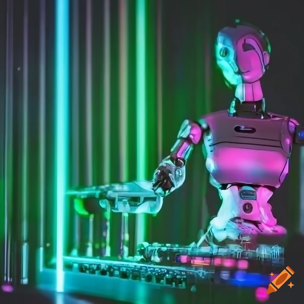 Colorful robot playing piano synth on stage on Craiyon