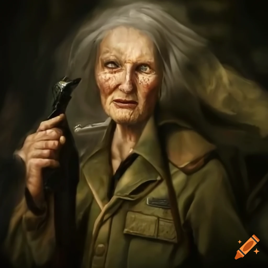 Hyper realistic painting of a witch running in park ranger uniform on ...