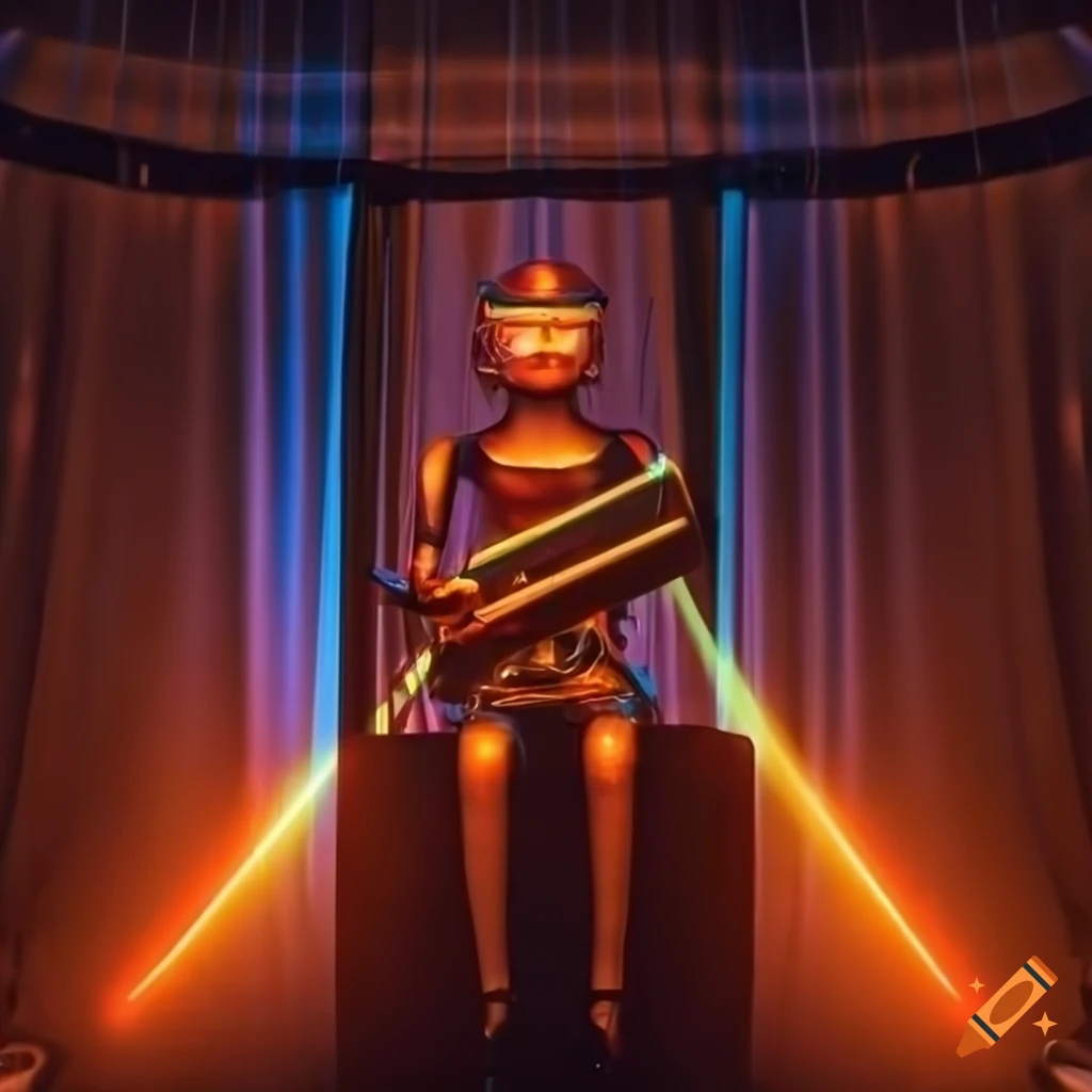 Retro female robot playing synthesizer with futuristic lighting