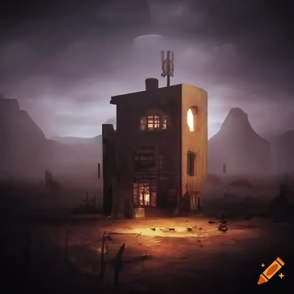 Apocalyptic landscape with a living robot house