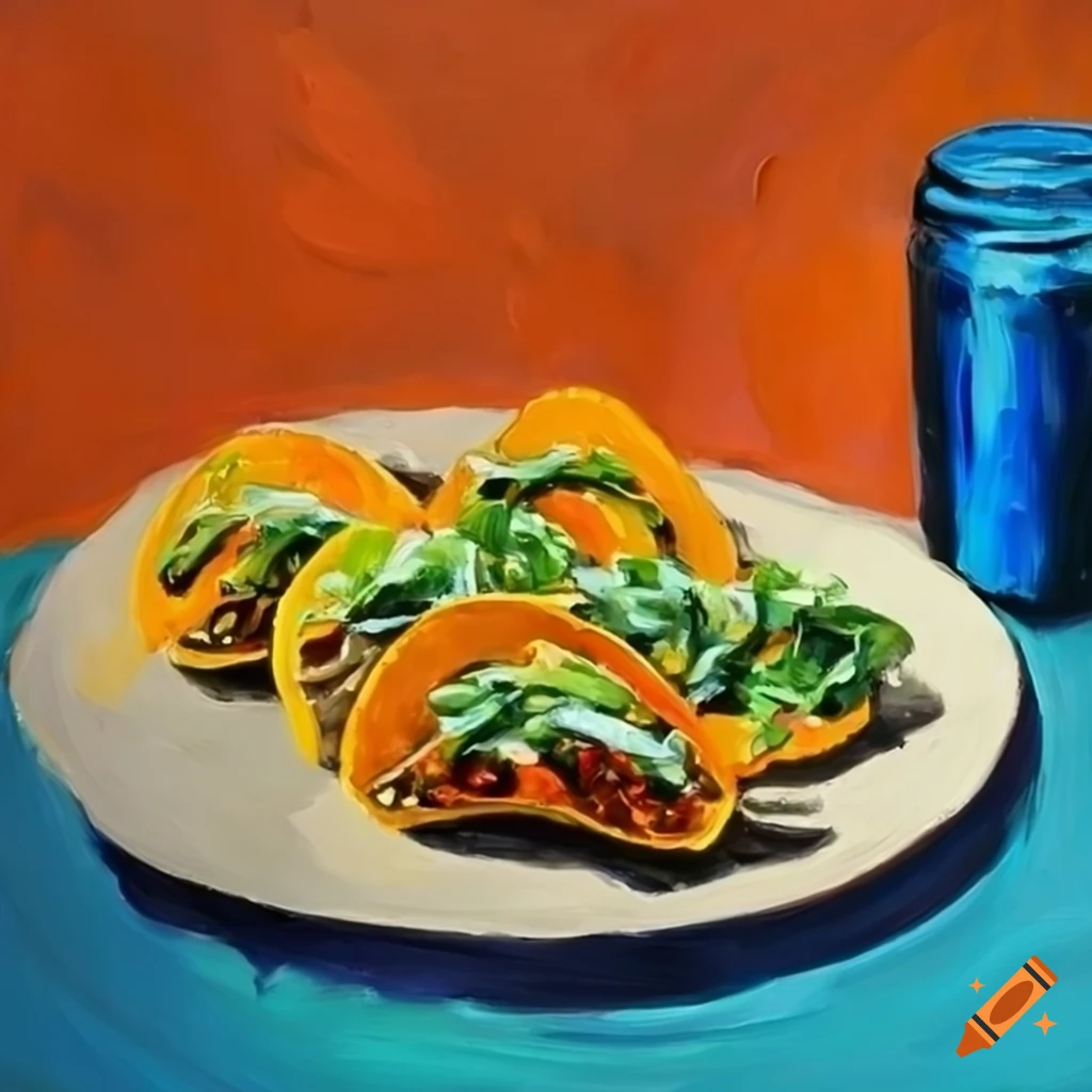Oil painting of three colorful tacos on a plate on Craiyon