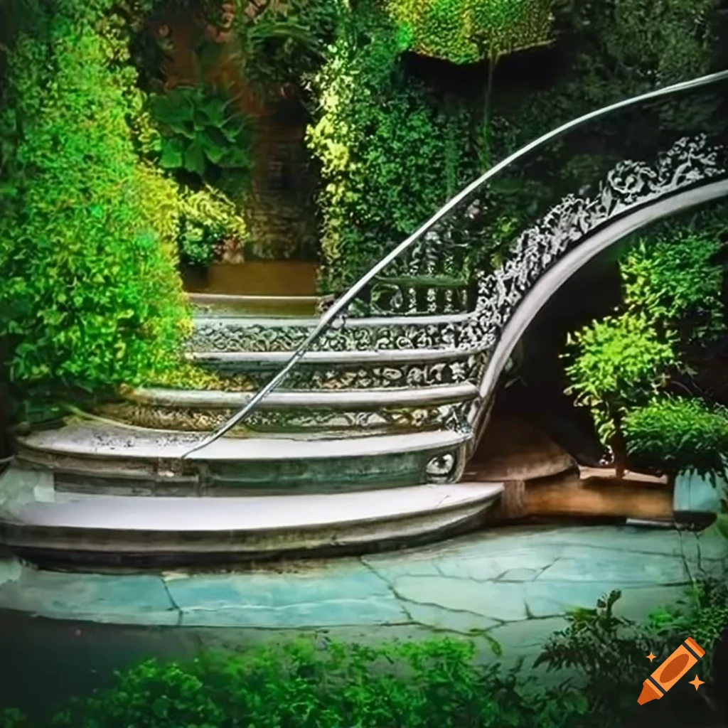 Ornamental silver balcony in a garden with curved stairs on Craiyon