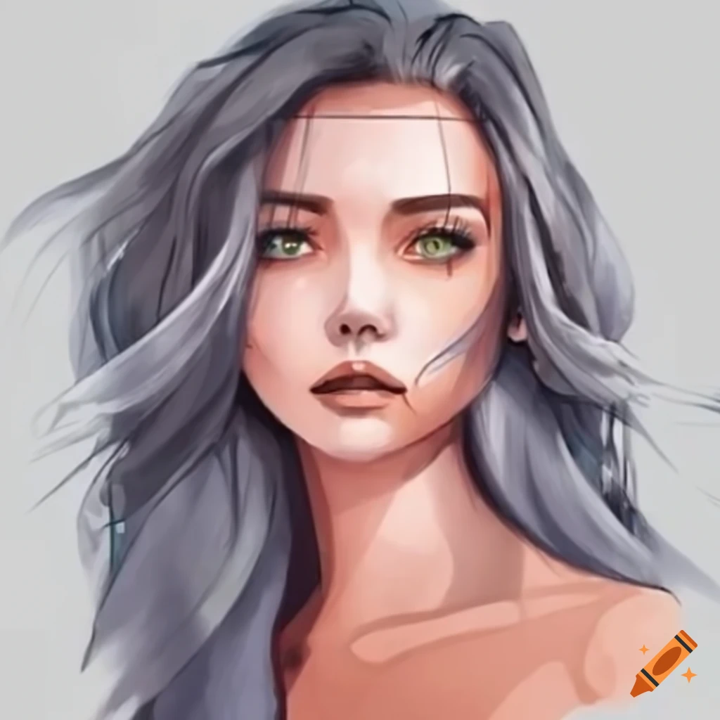 Anime-style portrait of a young australian woman with long grey hair
