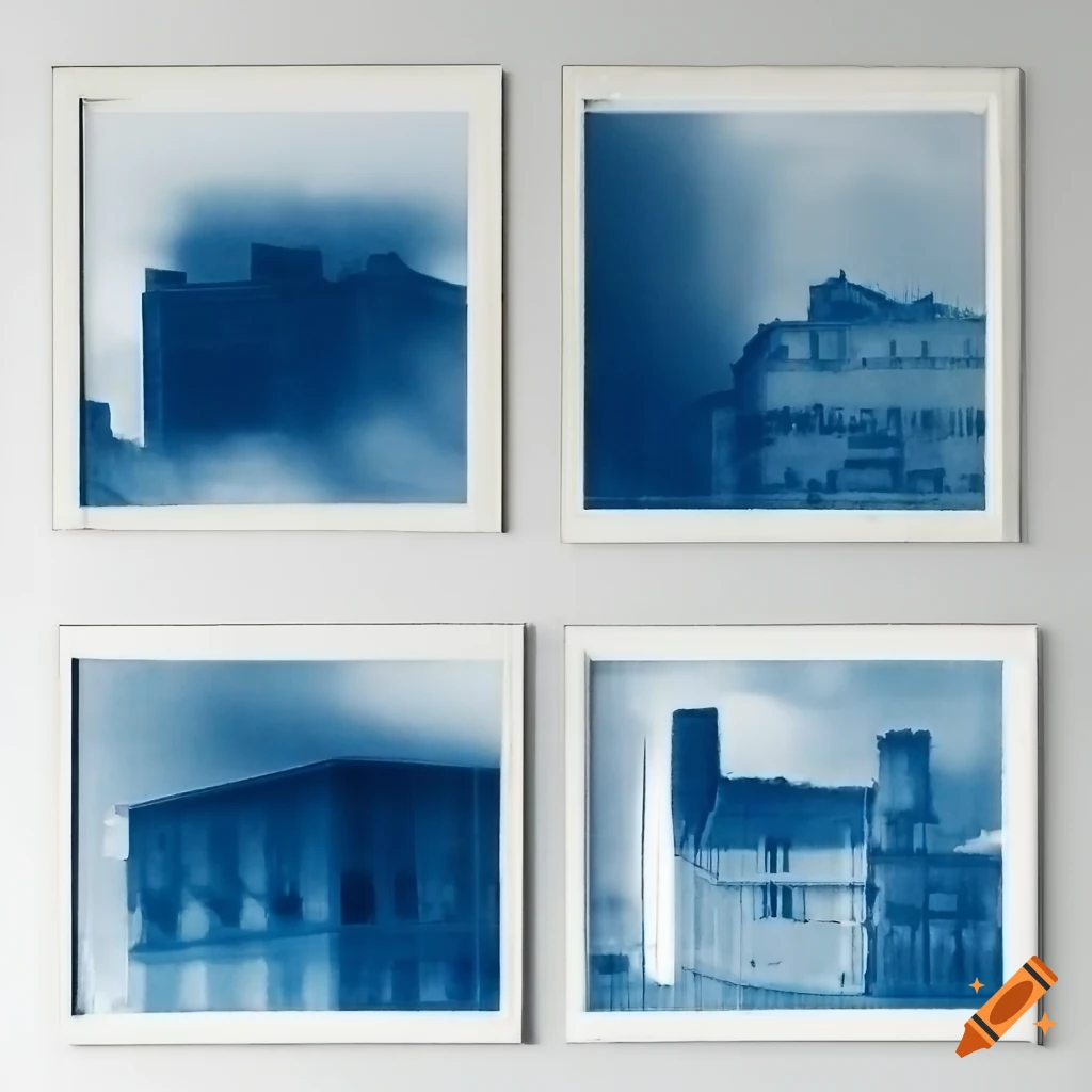 Cyanotype of three white buildings in a foggy city