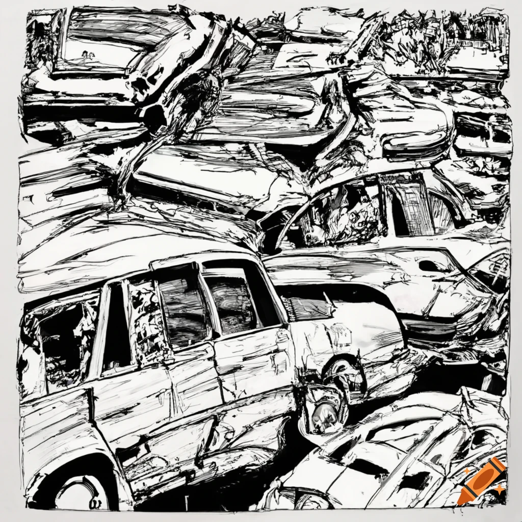Black and white drawing of wrecked cars in a yard on Craiyon
