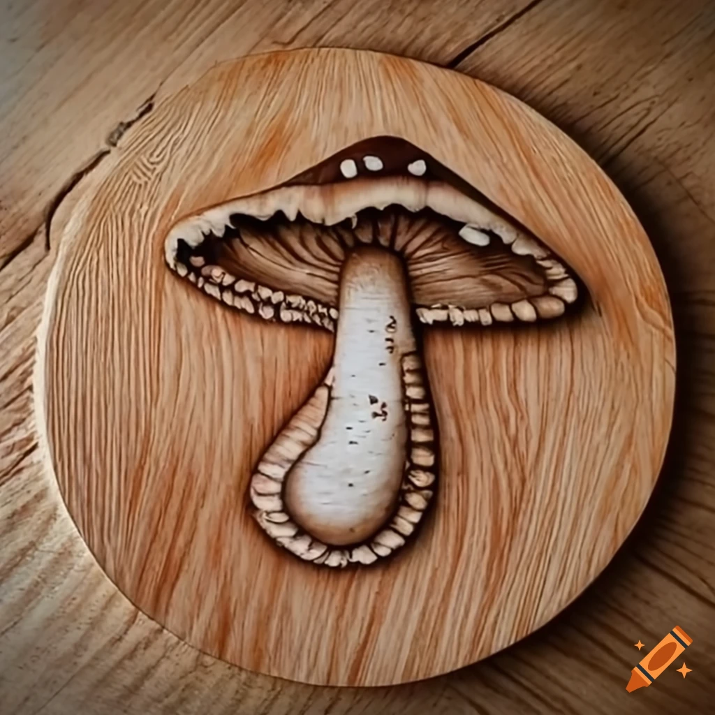 Pyrography design of a mushroom on wood on Craiyon