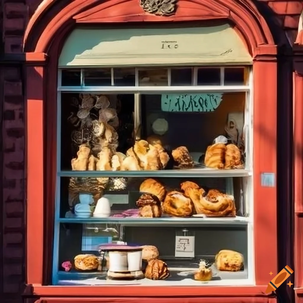 Colorful display of pastries at chuddlington's tea shop on Craiyon