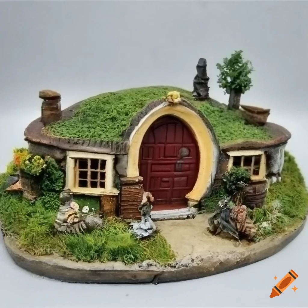 Photo of a miniature hobbit house in a pot