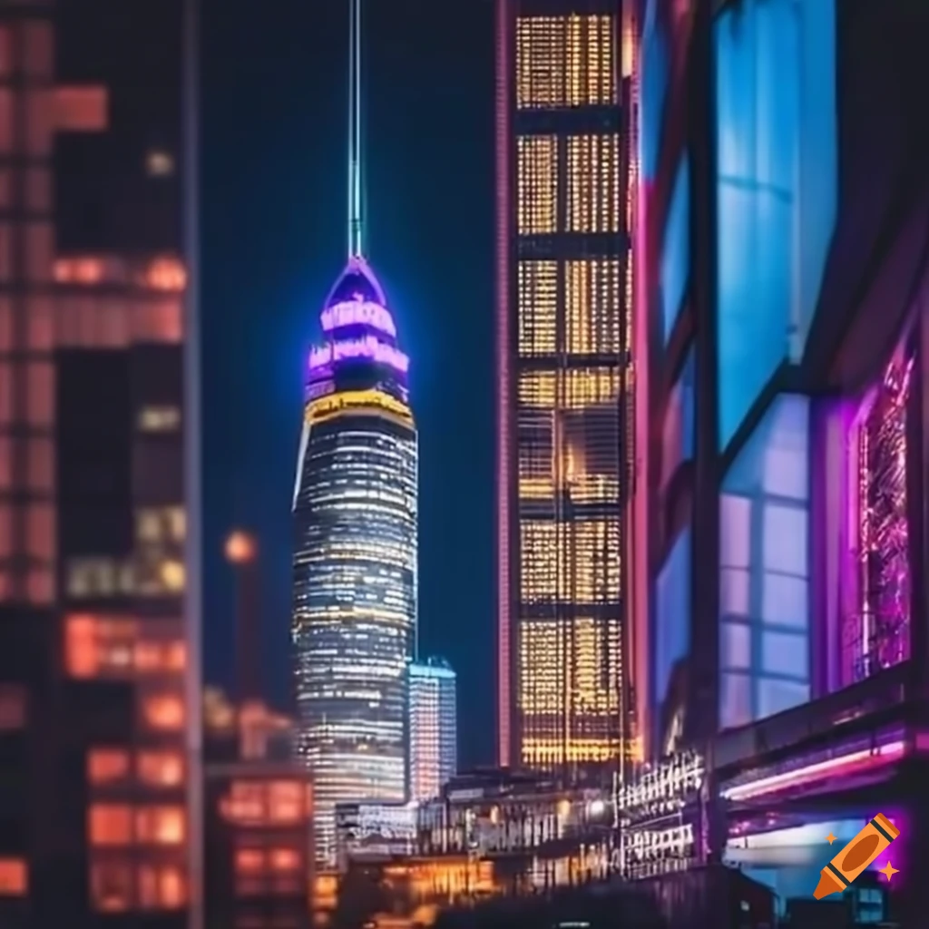 Photo of a modern skyscraper named Excelsior Tower in a neon-lit city ...