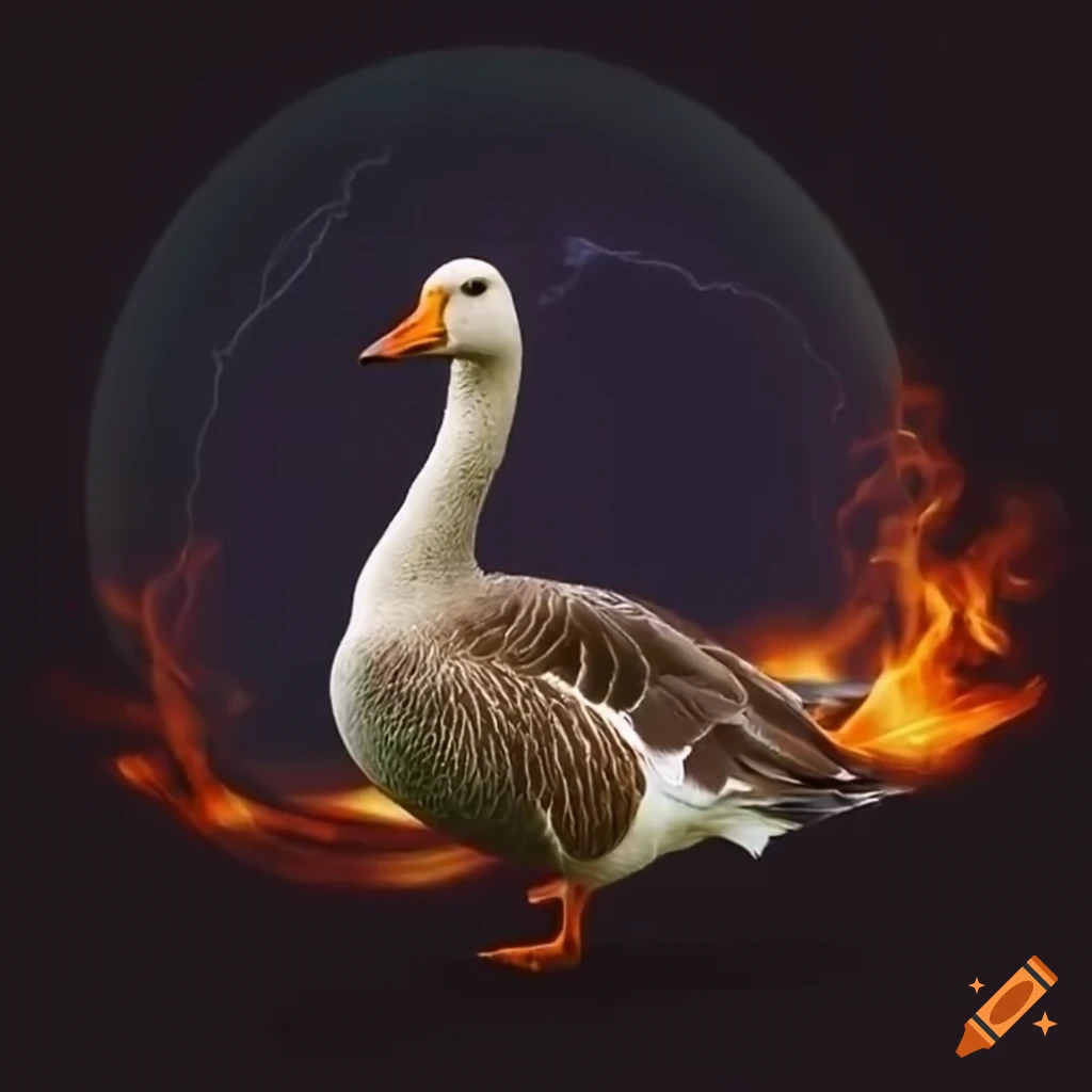 An image of a powerful goose surrounded by lightning and fire on Craiyon
