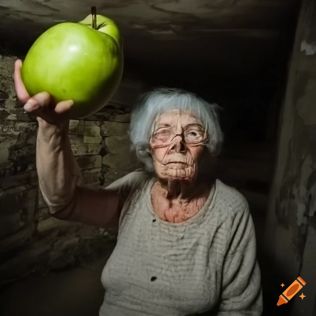 Creepy image of a granny holding a green apple on Craiyon