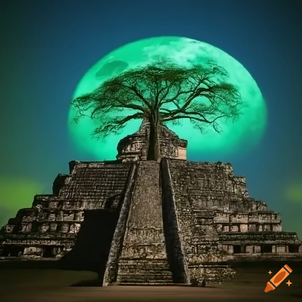 Surreal image of a ceiba tree and Mayan ruins under a green moon on Craiyon