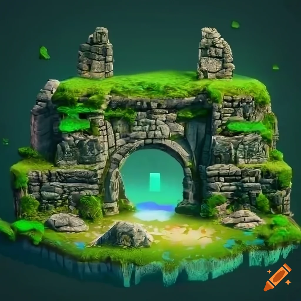 Isometric view of moss-covered mayan stone ruins in a fantasy forest on Craiyon