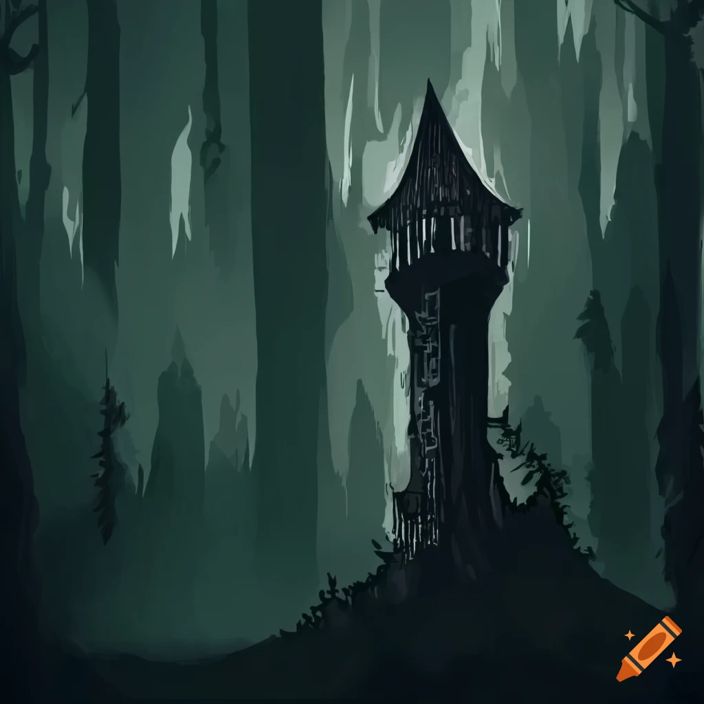 Black and white illustration of a wizard tower in a forest on Craiyon