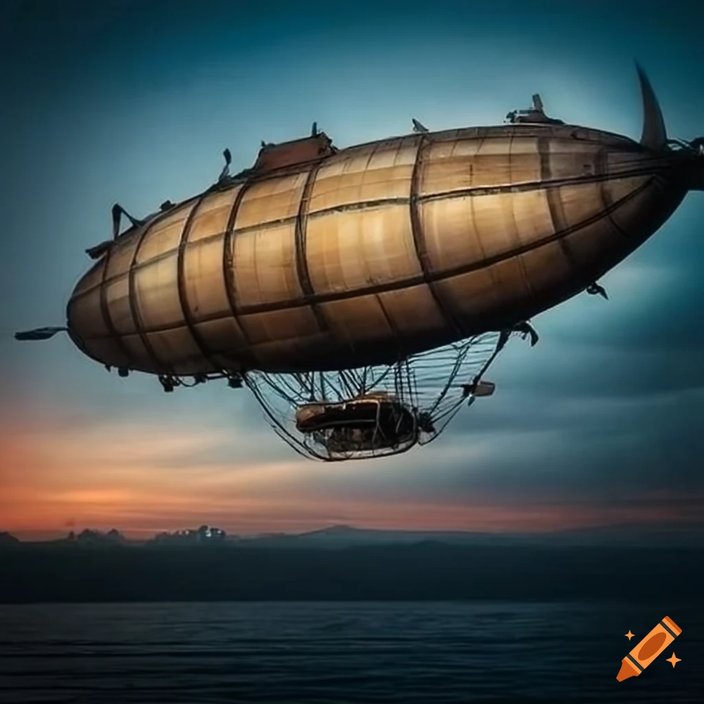 Airship flying over a burning city with surreal landscapes on Craiyon