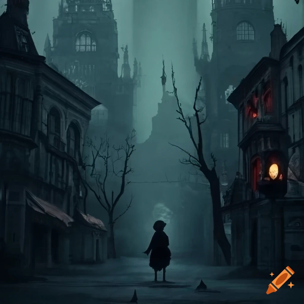 Spooky halloween city with gothic architecture and bats on Craiyon