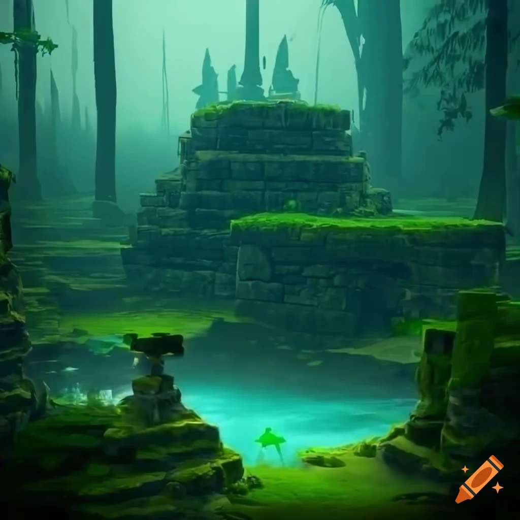 Isometric view of moss-covered Mayan stone ruins in a fantasy forest on Craiyon