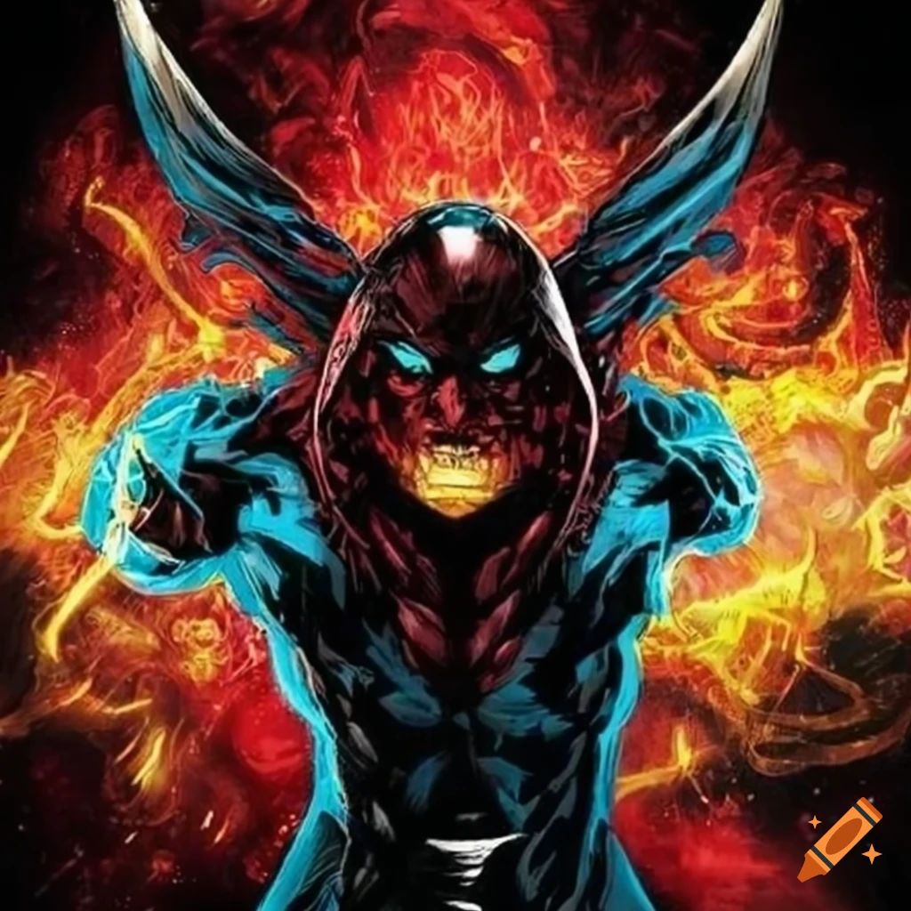 Comic book art of a villain fused with elementary particles on Craiyon