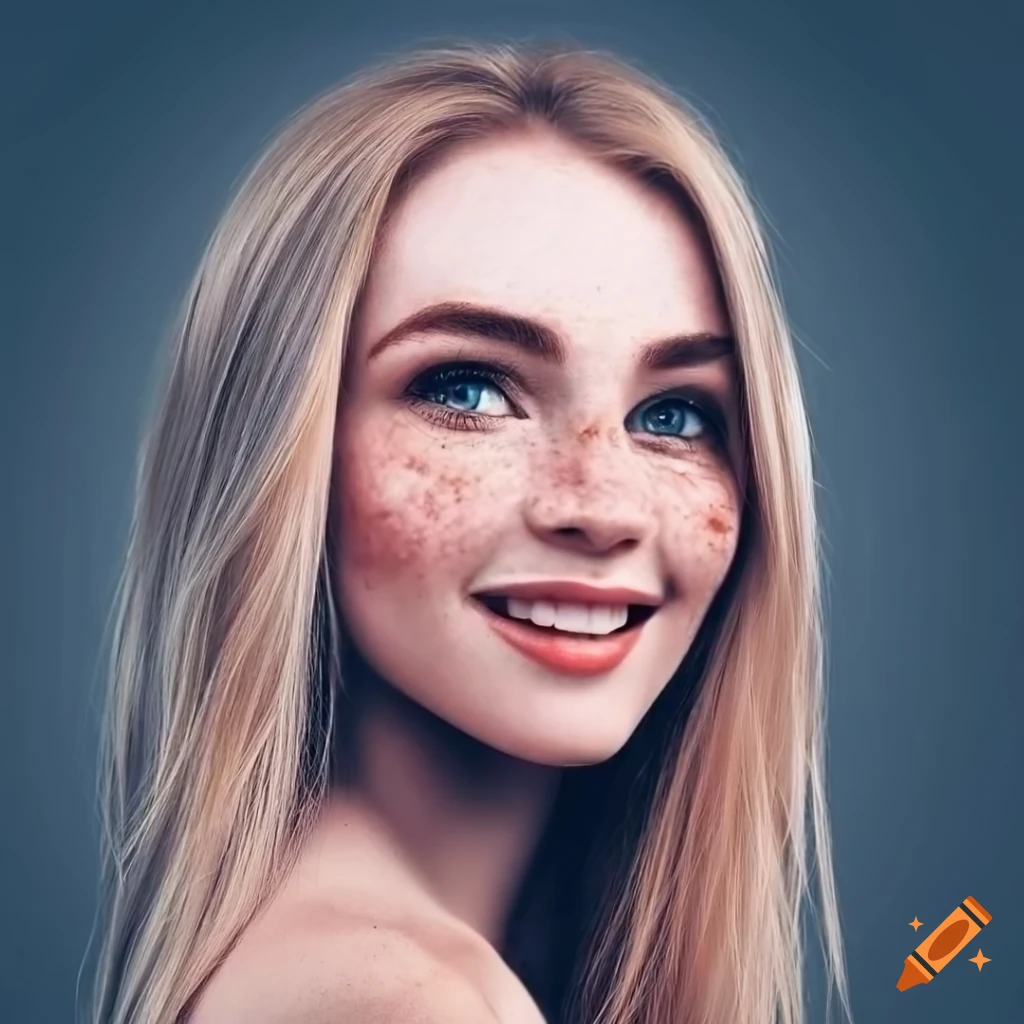 Portrait of a beautiful woman with freckles and blonde hair on Craiyon