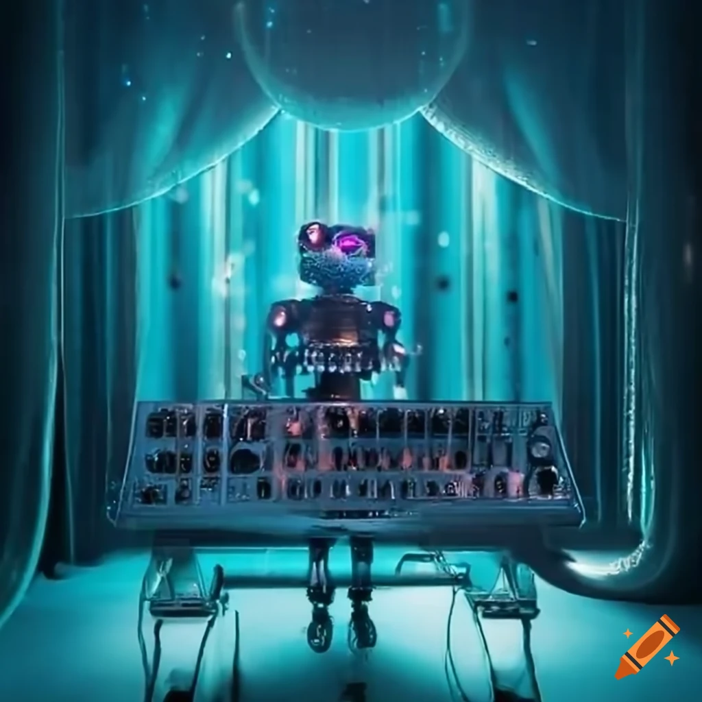 Shiny robot playing a modular synthesizer underwater