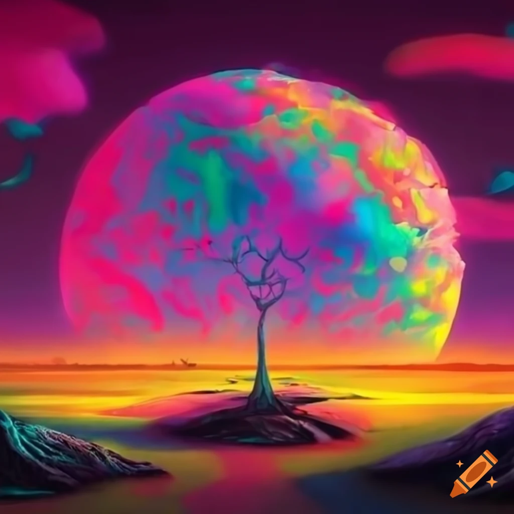 Surreal landscape with colorful clouds and ethereal creatures on Craiyon