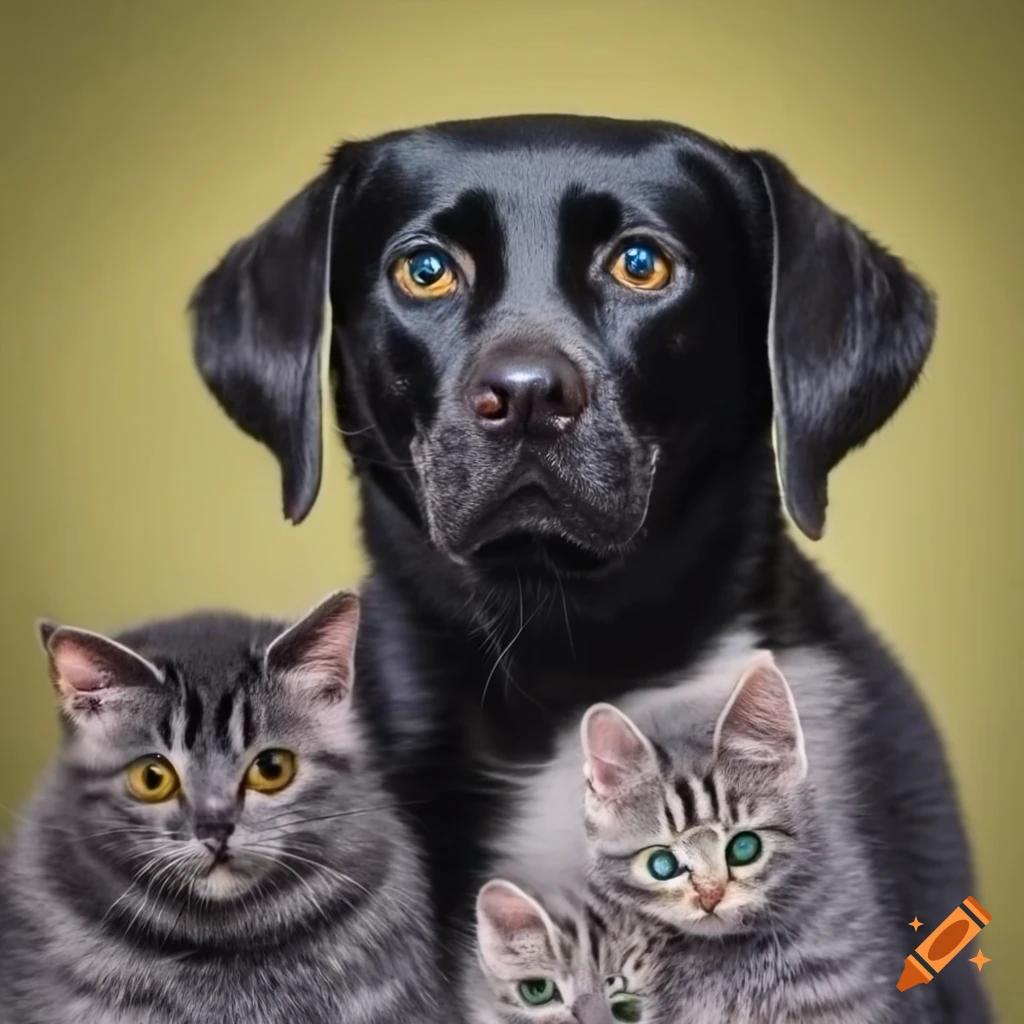 Black labrador with a grey cat and two kittens