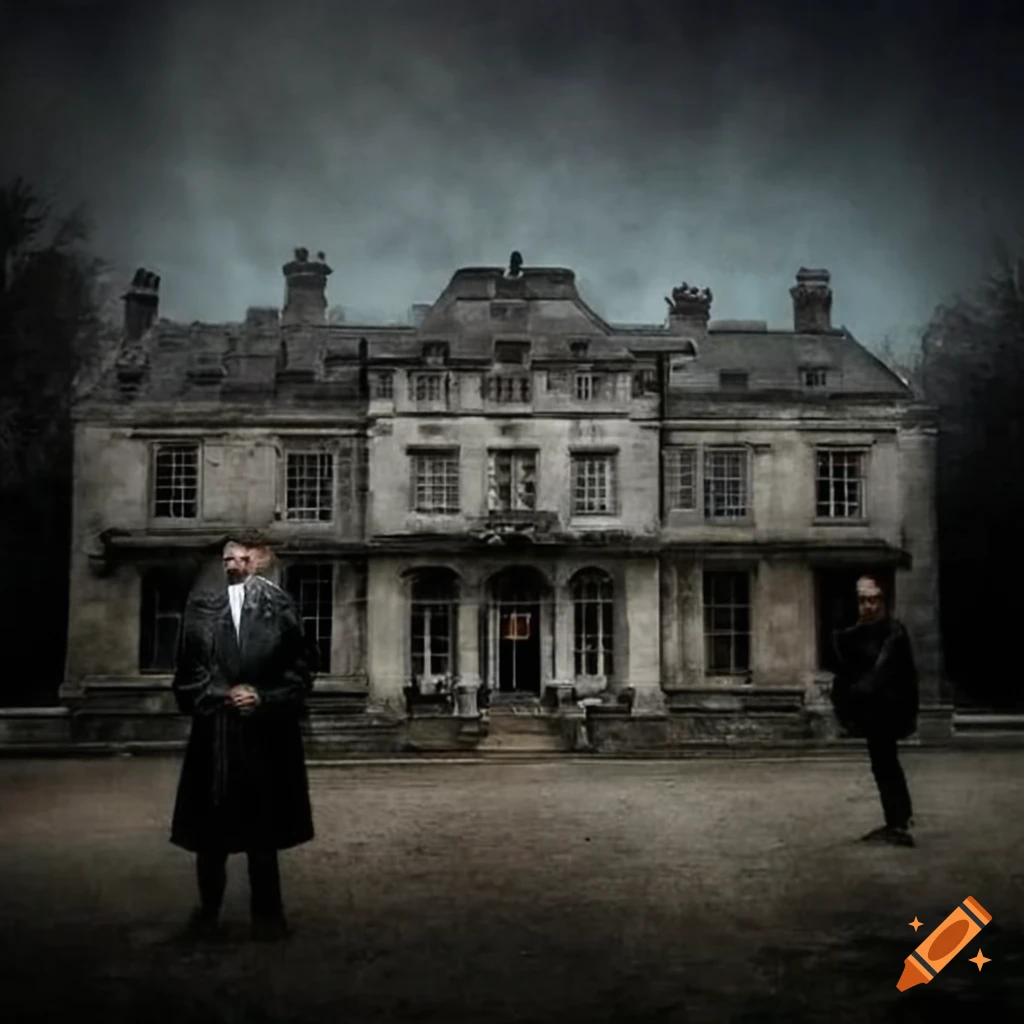 Artwork of sherlock holmes and doctor watson in front of a manor on Craiyon