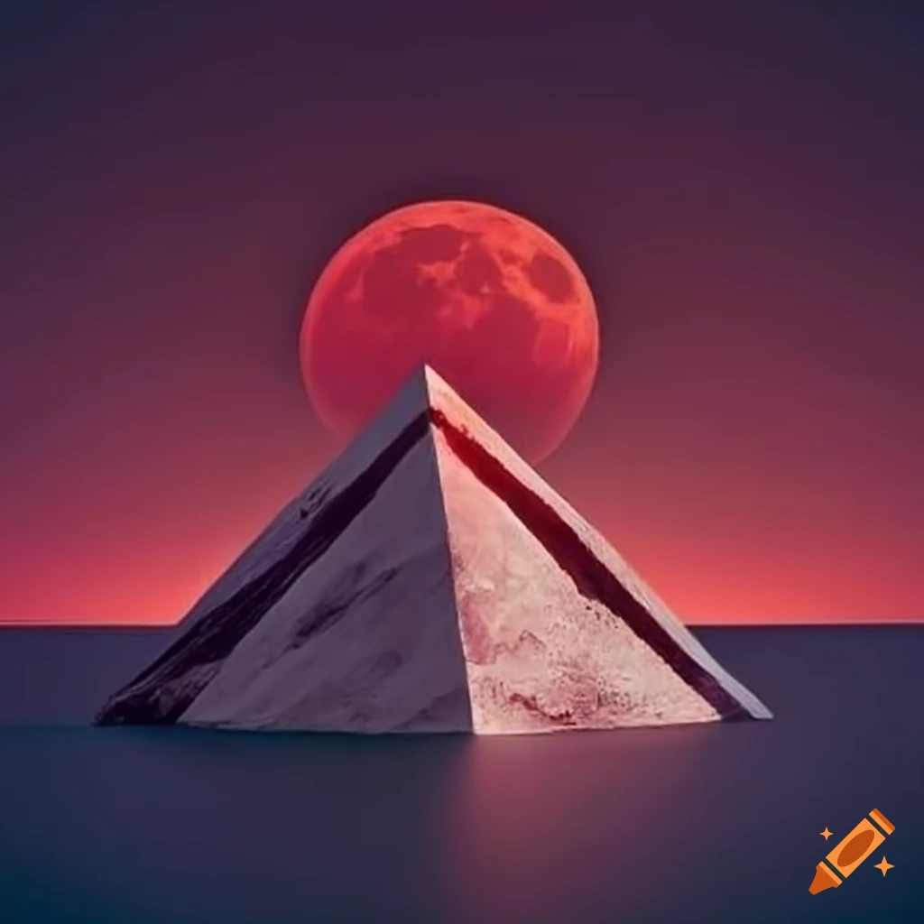 Red moon over a marble pyramid