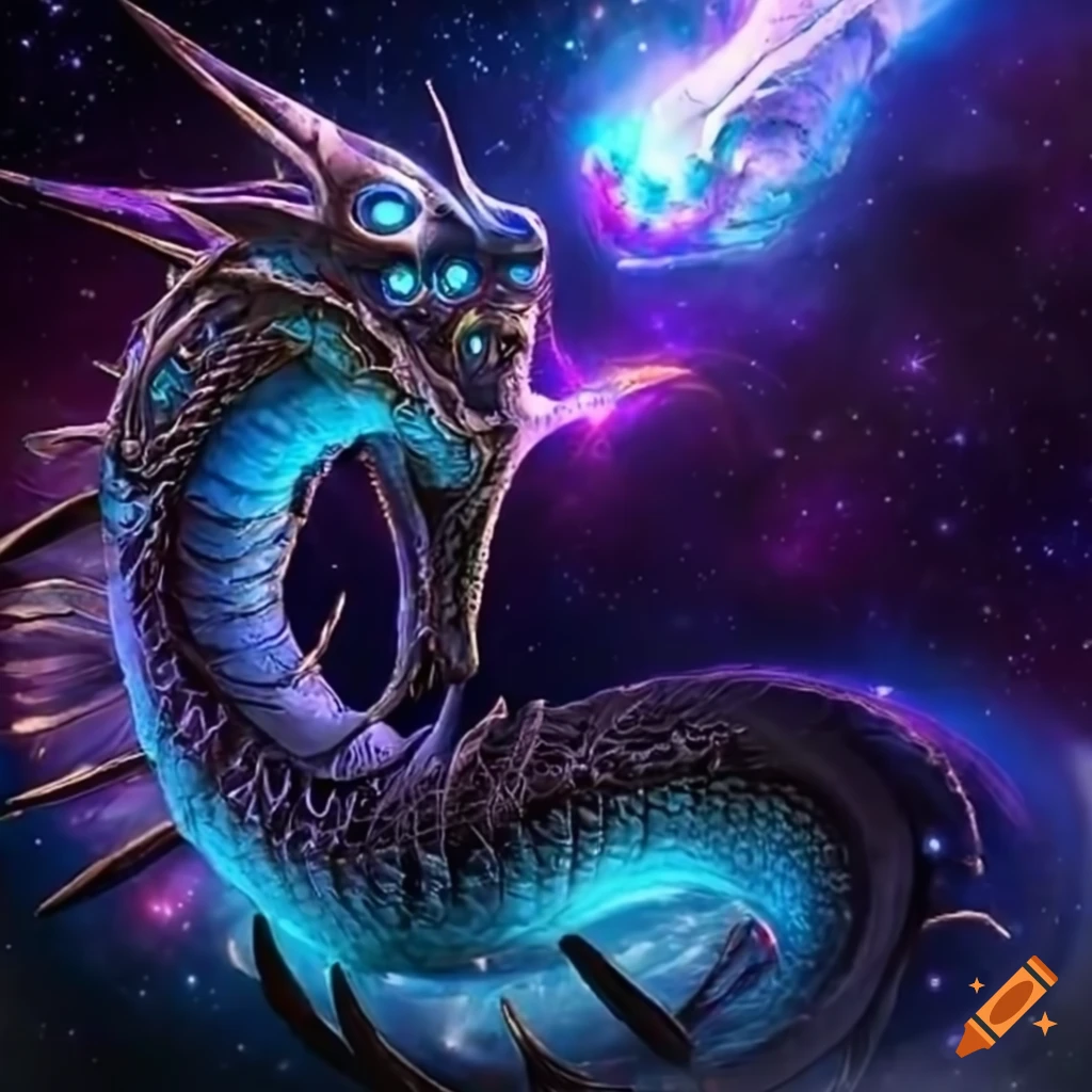 Illustration of a cosmic serpent with starry wings on Craiyon