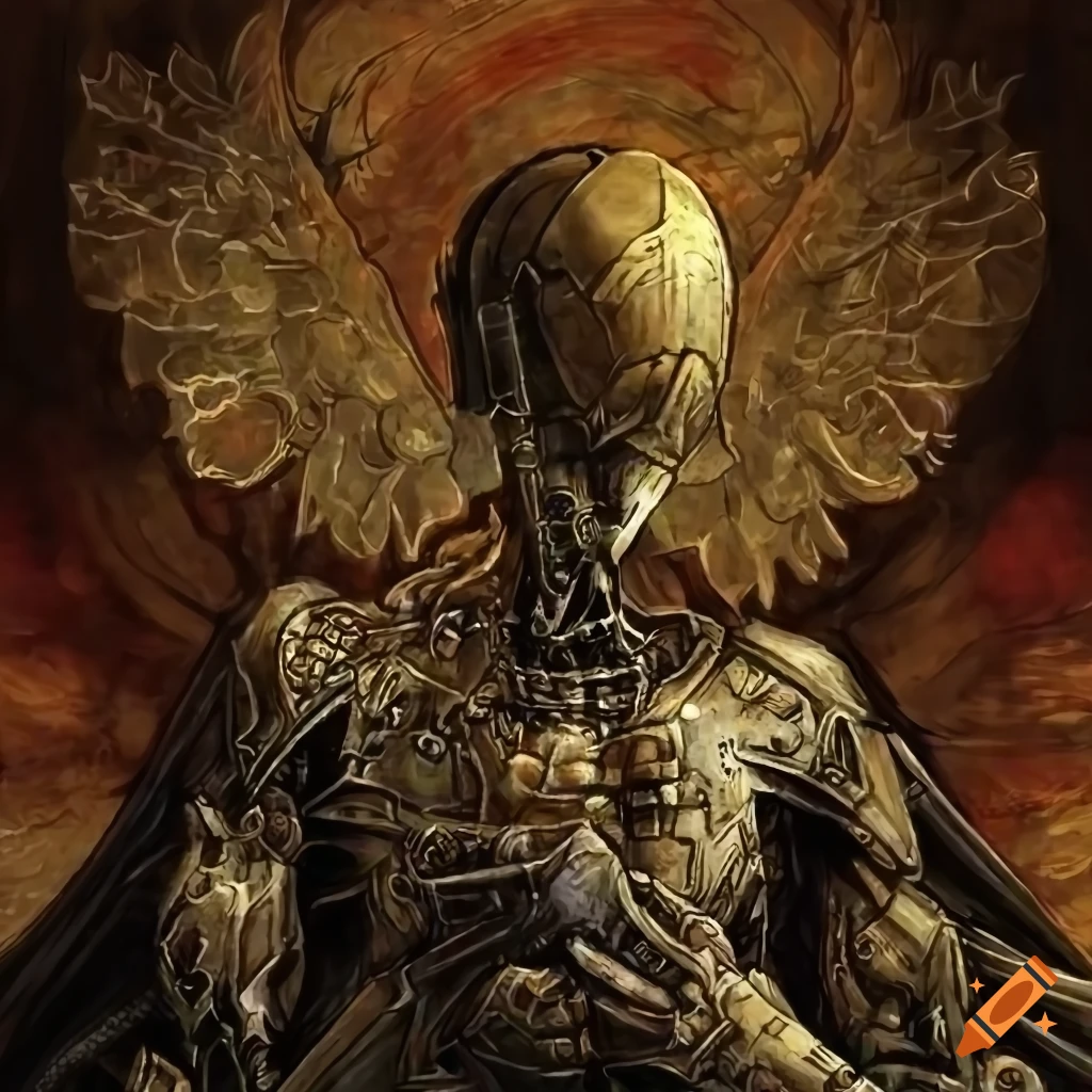 Renaissance painting of a robot god with wings