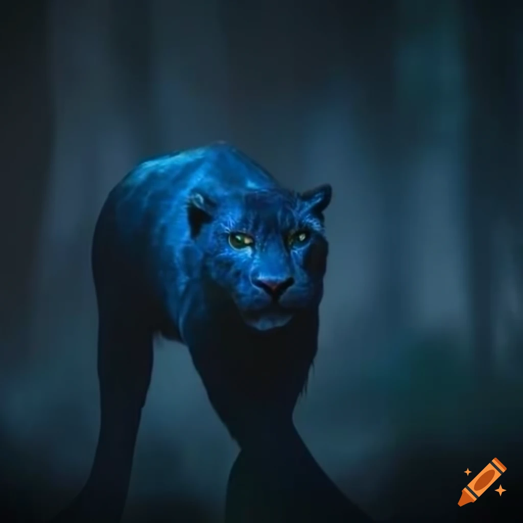Close-up of a sapphire blue panther in a mystical forest