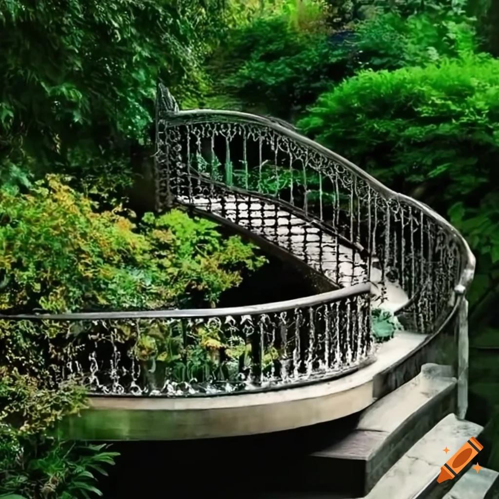Curved silver staircase leading to a balcony in a pond garden on Craiyon