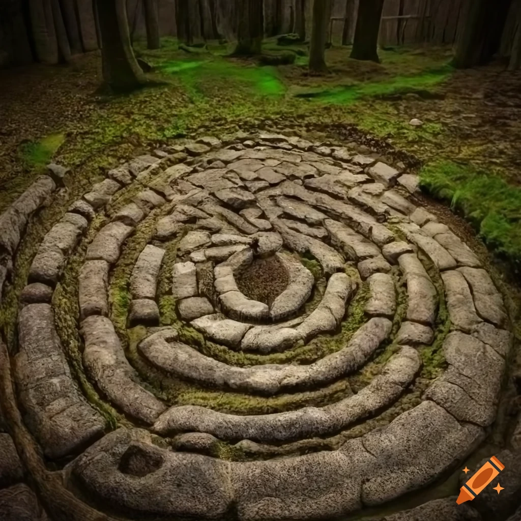 Scenic stone labyrinth from a high angle on Craiyon