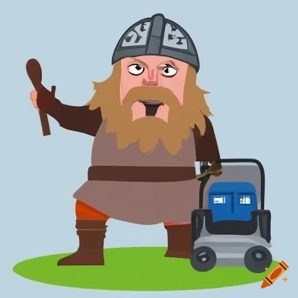 Humorous Viking warrior using a lawnmower on Craiyon