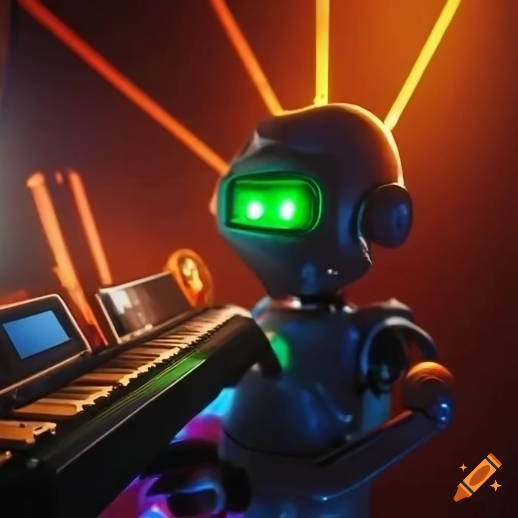 Robot playing synthesizer with laser lights