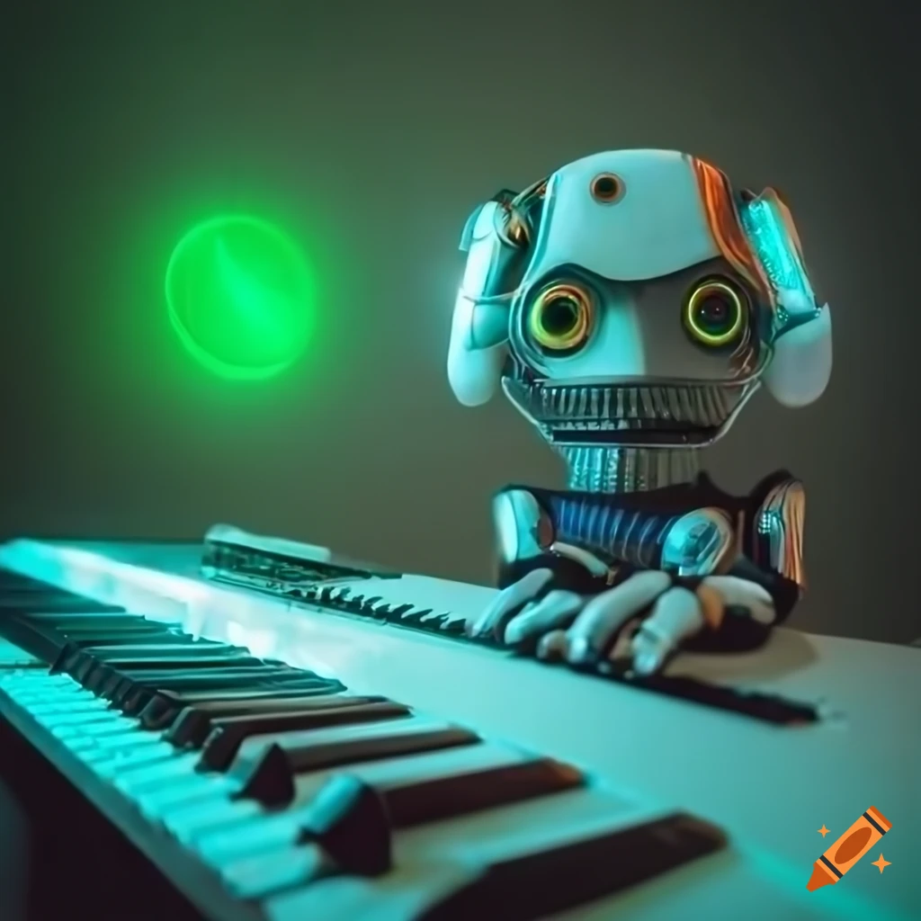 Robot playing synthesizer with laser lights on Craiyon