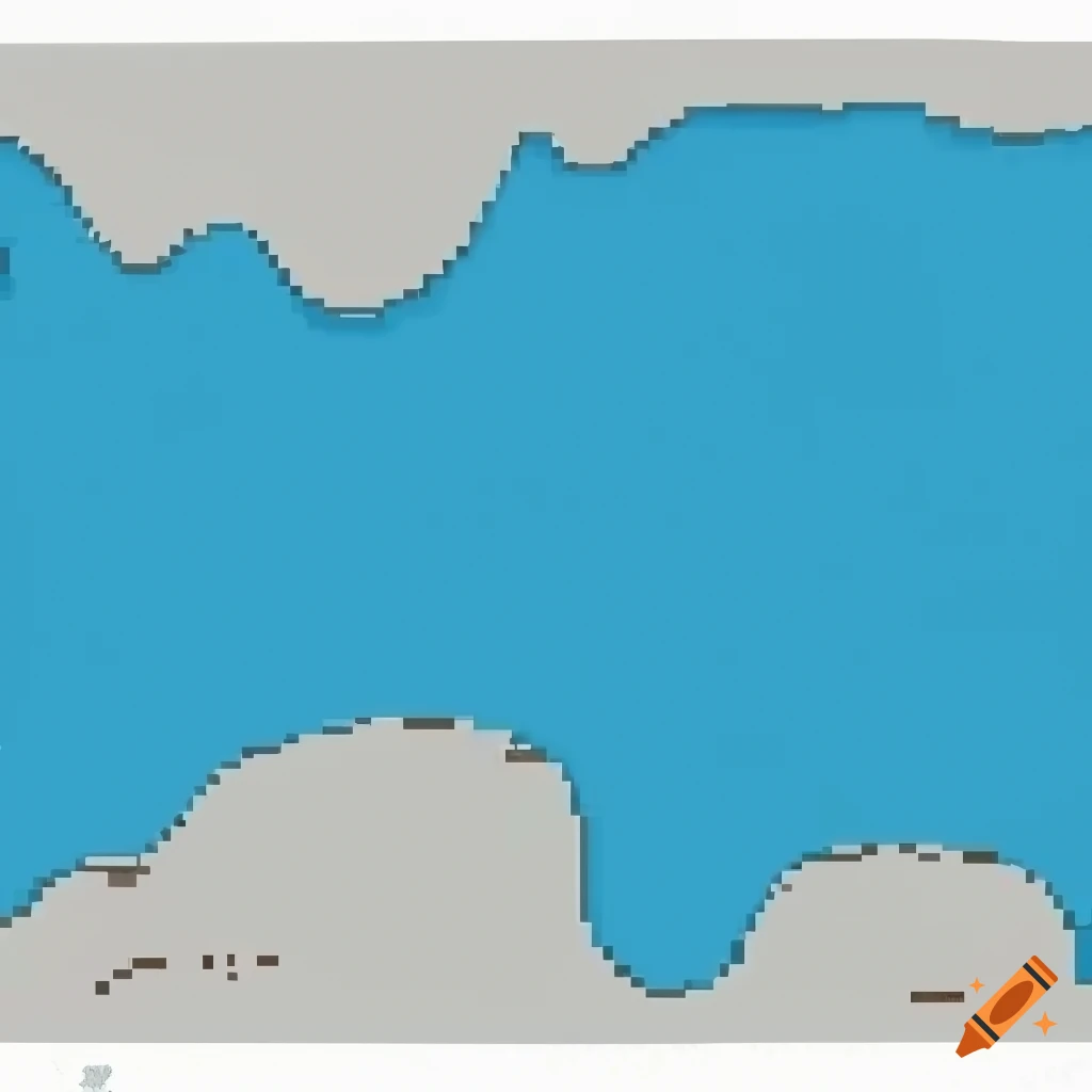Pixel art map with light grey land and blue water
