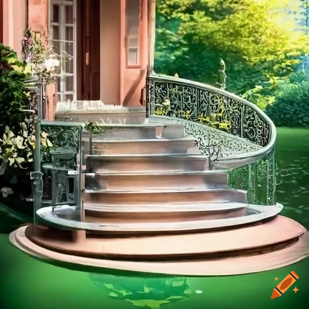 Curved silver stairs in a garden leading to a balcony