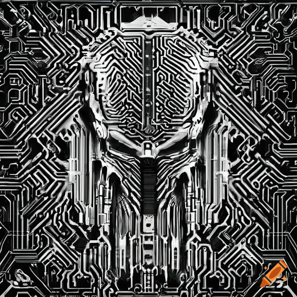 Abstract black and white image of yautja predator warrior head on a ...