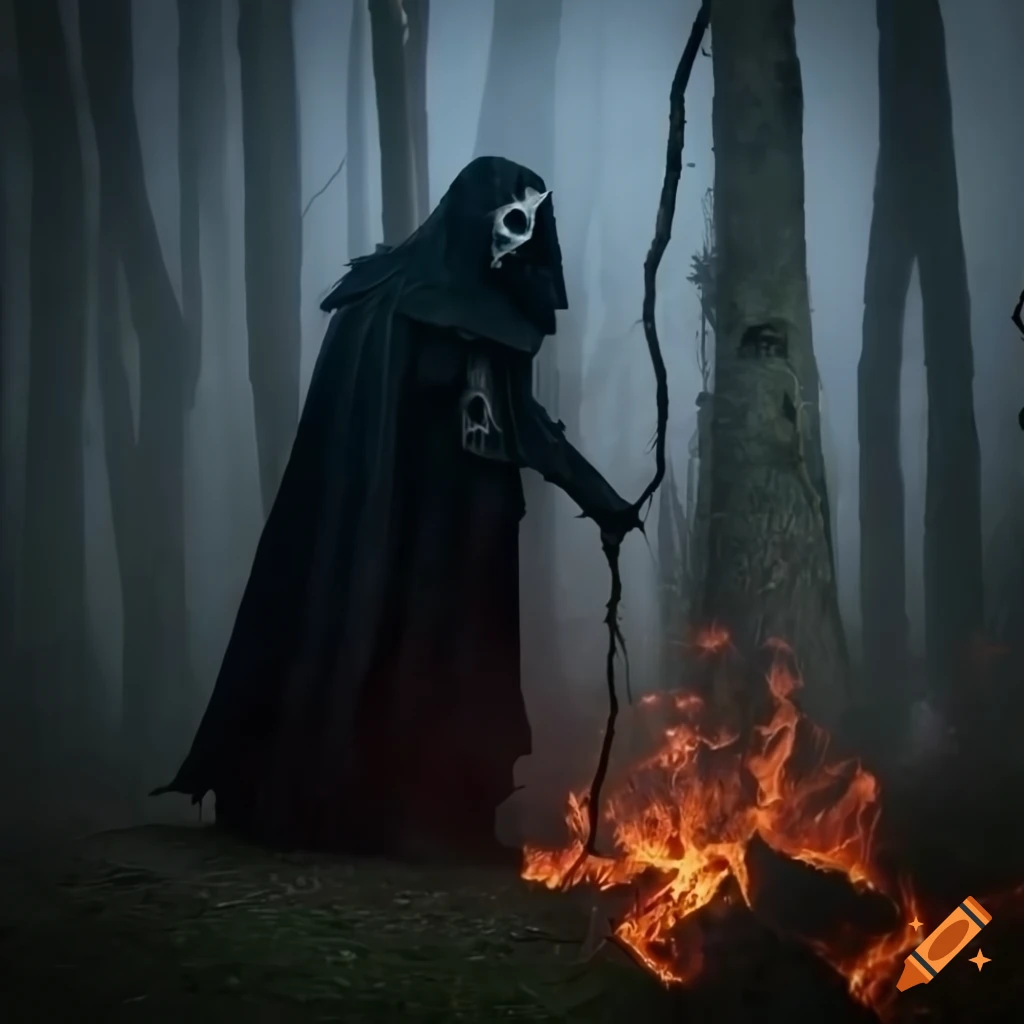 Photo-realistic depiction of a burning undead rook in a foggy forest on ...