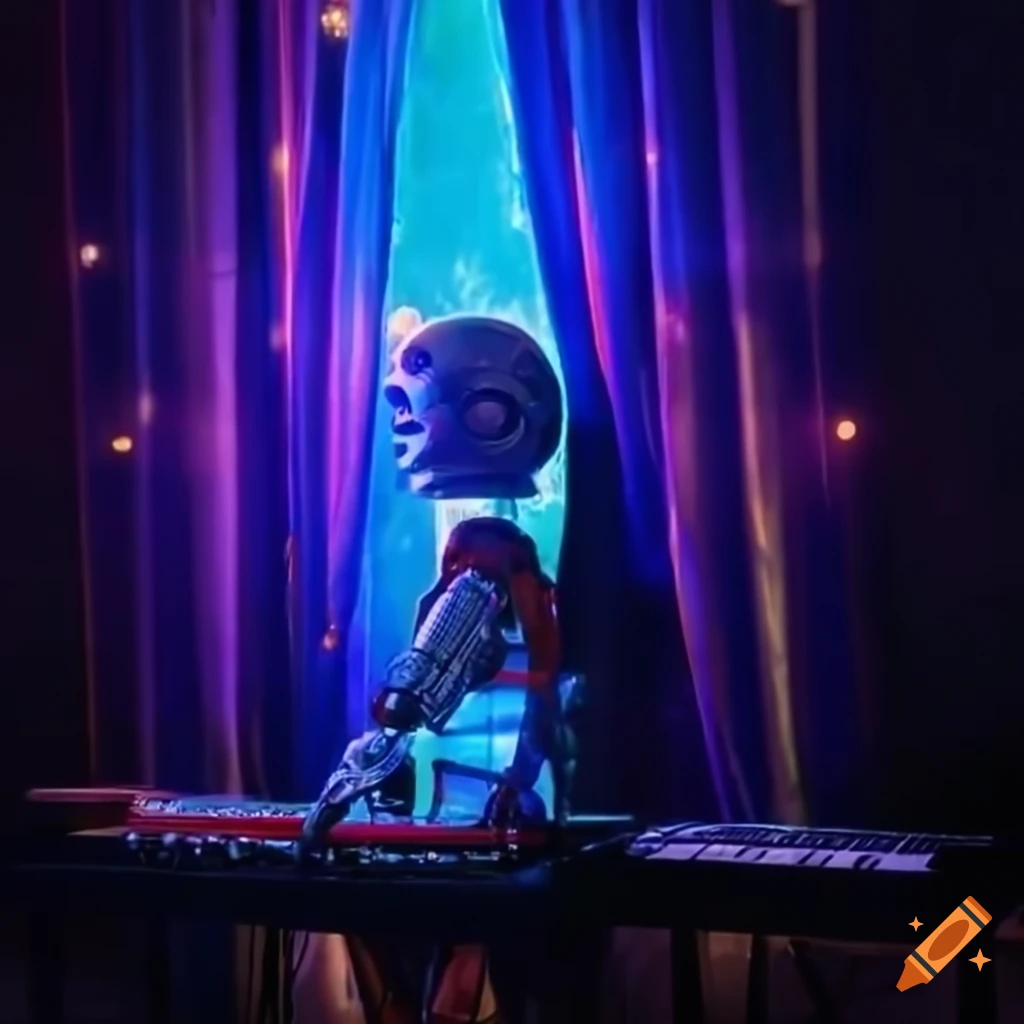 Colorful stage lights illuminating a robot musician playing the synth ...