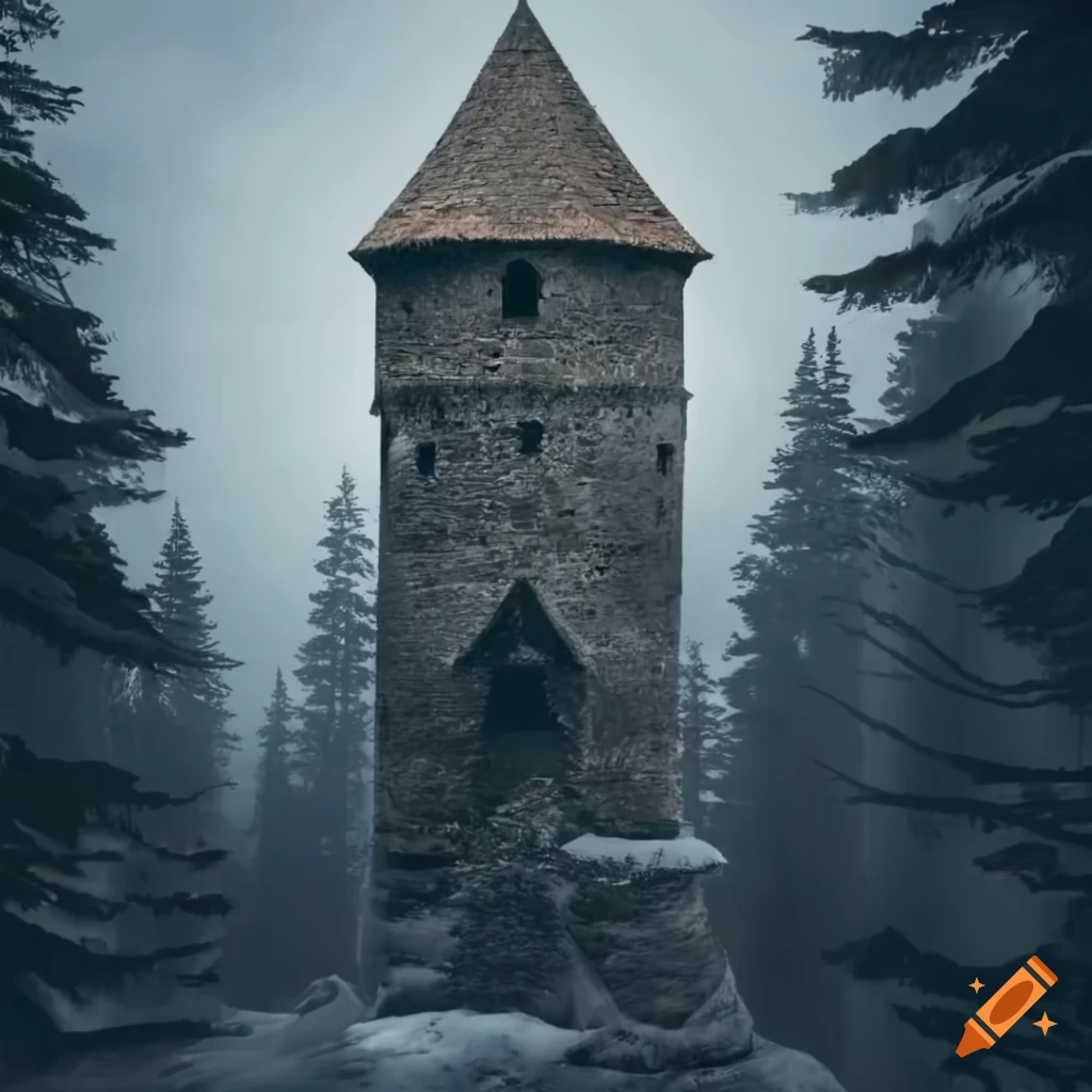 Medieval tower on a snow-capped mountain