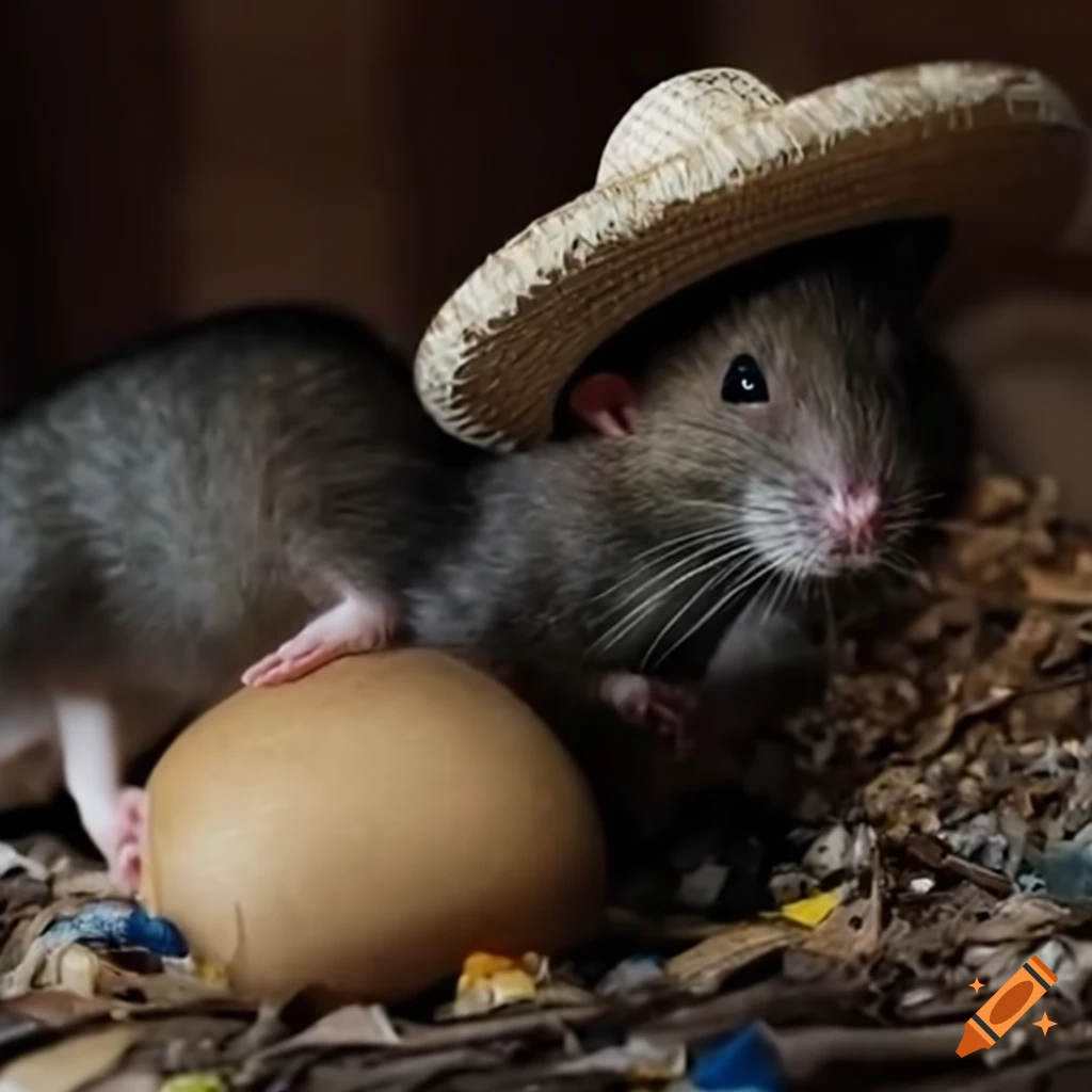 Illustration of a rat with a sombrero taking a nap in garbage on Craiyon