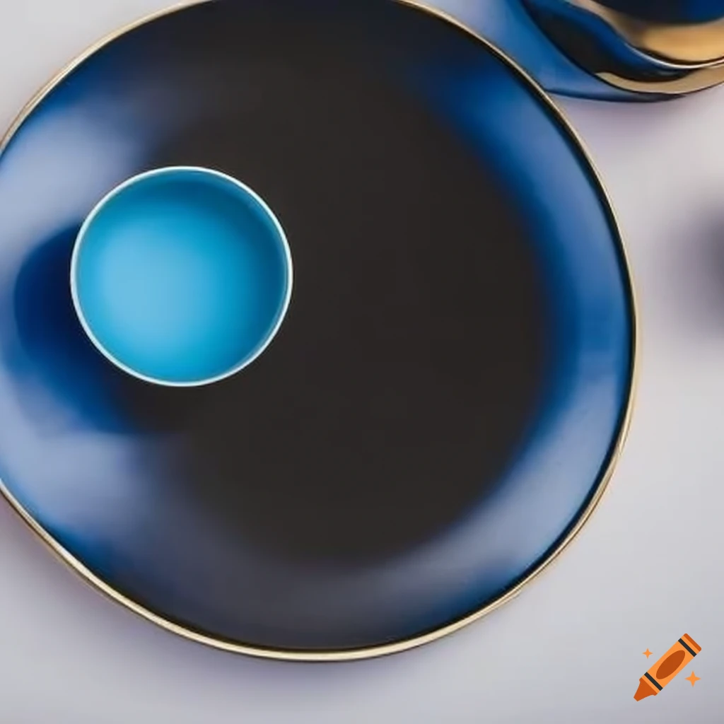 Blue, black, and gold dishes on white and black marble counter from top ...