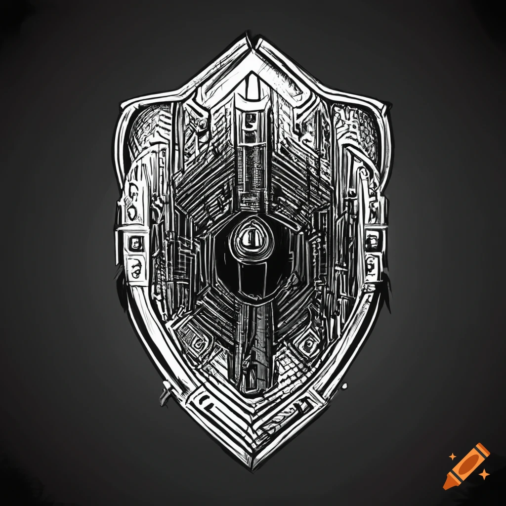 Black and white drawing of a cyberpunk shield with weapon and tech on ...