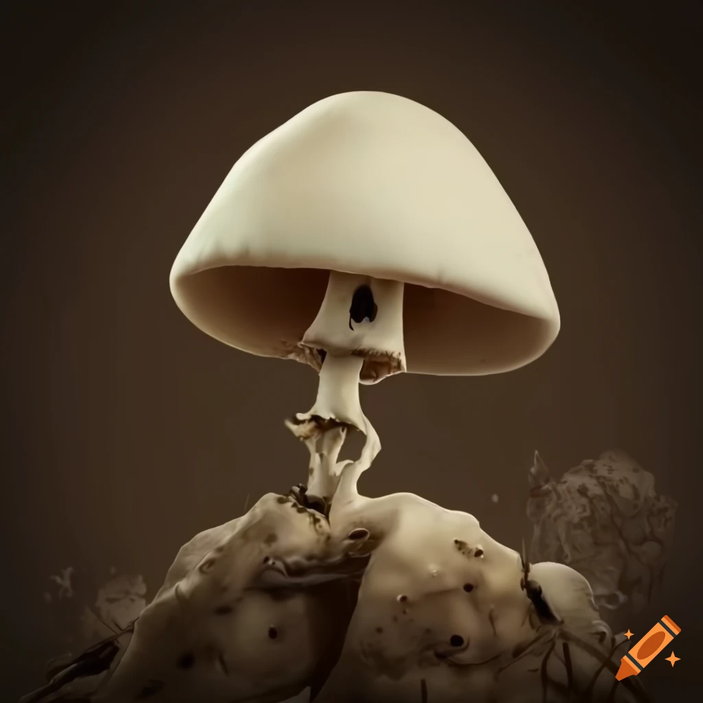 White mushroom skeleton in a barren wasteland on Craiyon