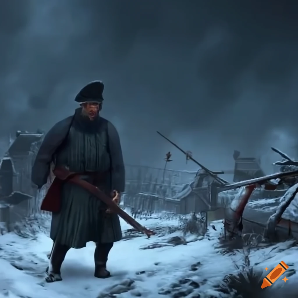 Long-angle shot of a massive victorian army marching through snowstorm ...