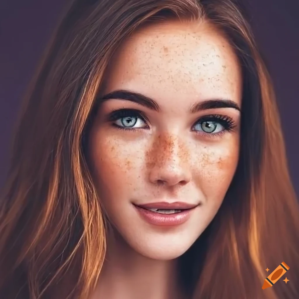 Portrait of a beautiful young woman with freckles and brown hair on Craiyon