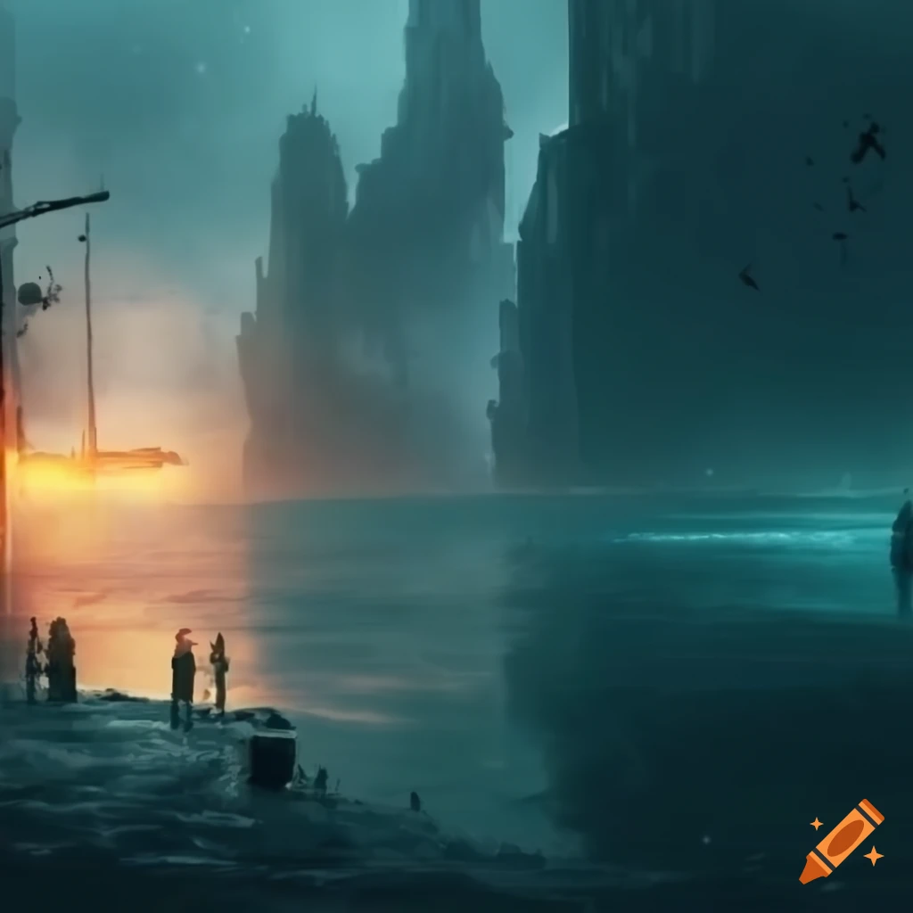 Dystopian setting with waves crashing against the shore