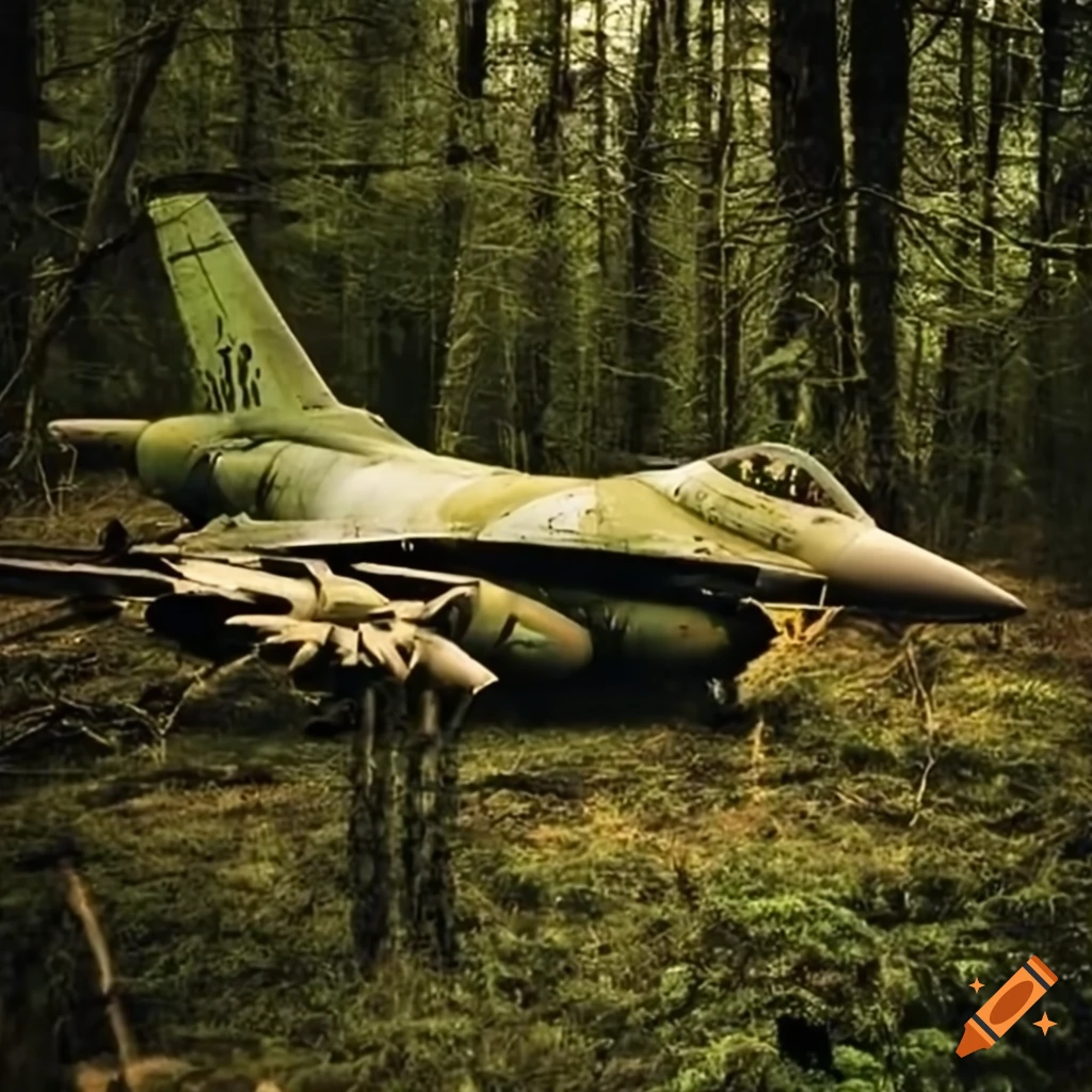 Abandoned F-16 fighter jet covered in moss on Craiyon